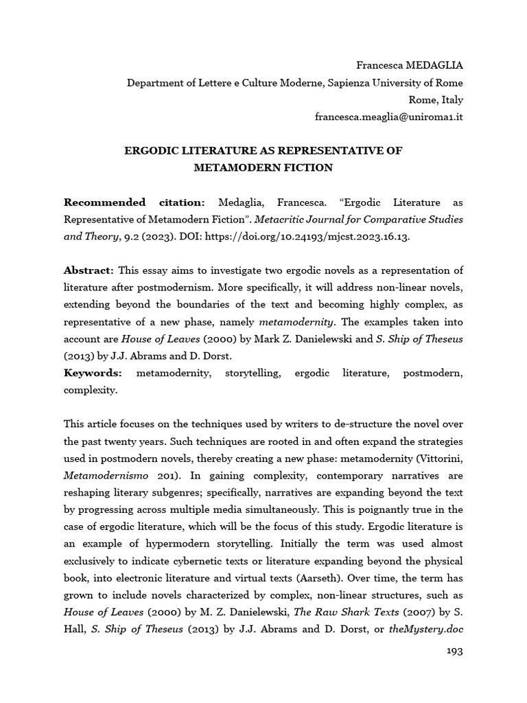 Ergodic Literature As Represen | PDF