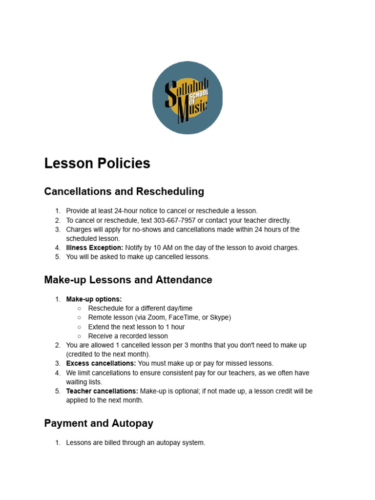 Lesson Cancellation and Rescheduling Policies | PDF