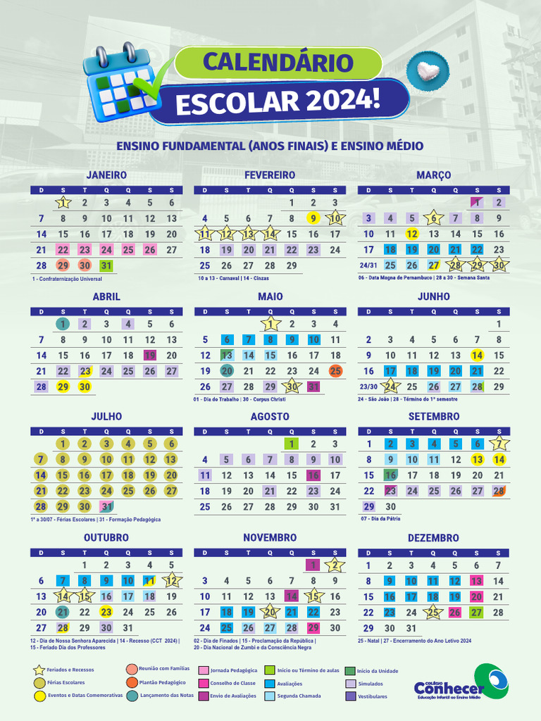 Calendário Letivo 2024 - Colégio Conhecer (Fund. II e Médio) | PDF