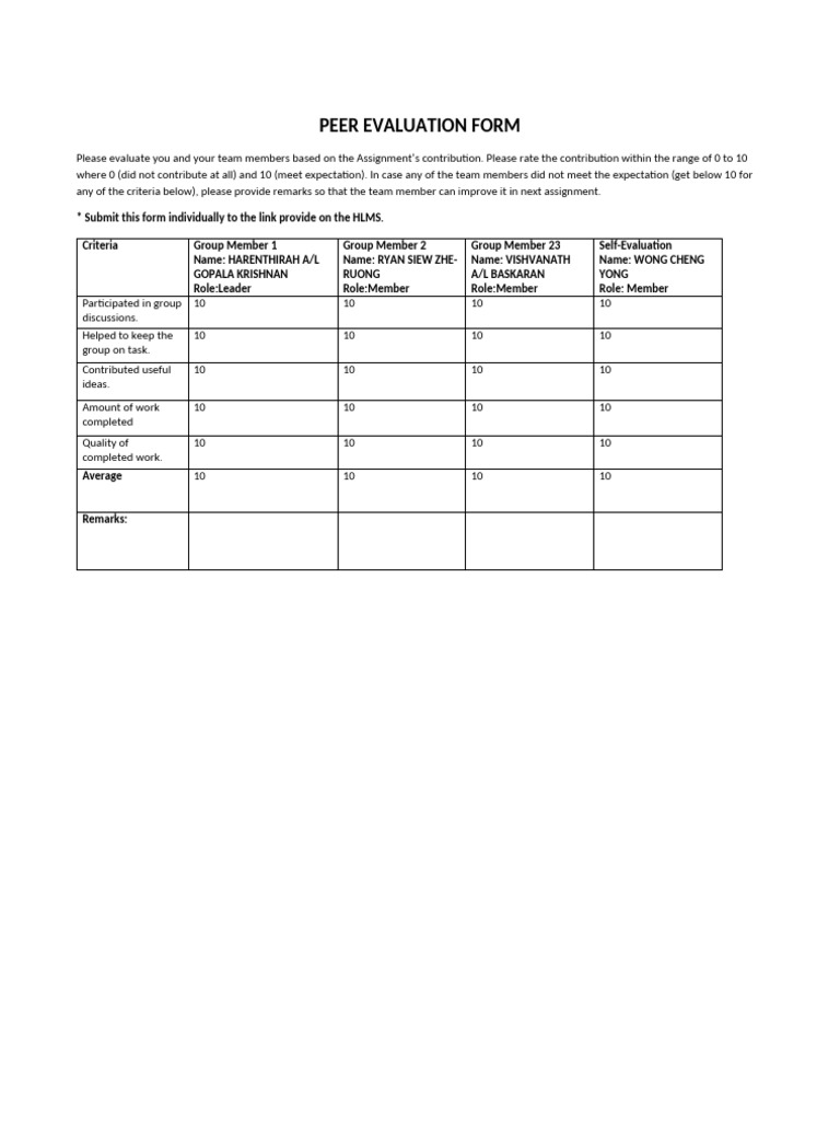 Peer Evaluation Form | PDF