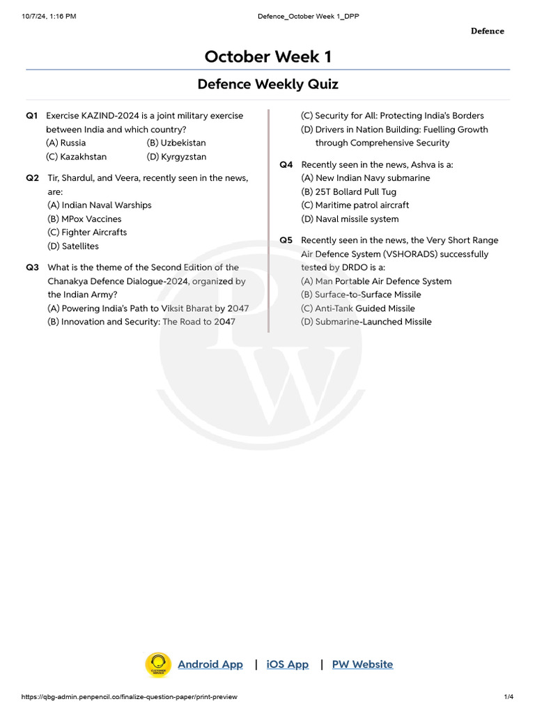 October Week 1: Defence Weekly Quiz | PDF