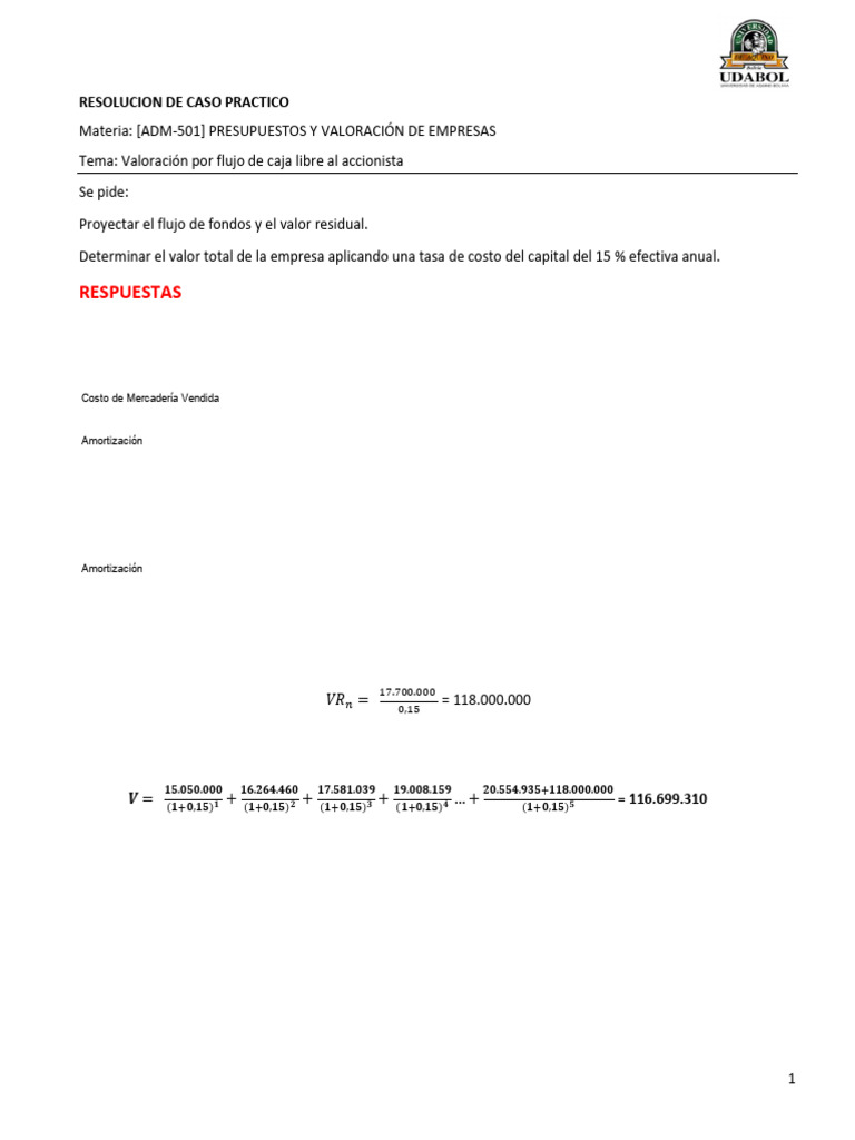 (ADM-501) T9-02.1 Resolución de Caso Práctico - Valoración Por Flujo de Caja Libre Al Accionista ...