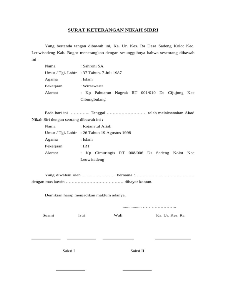 Surat Keterangan Nikah Sirri | PDF