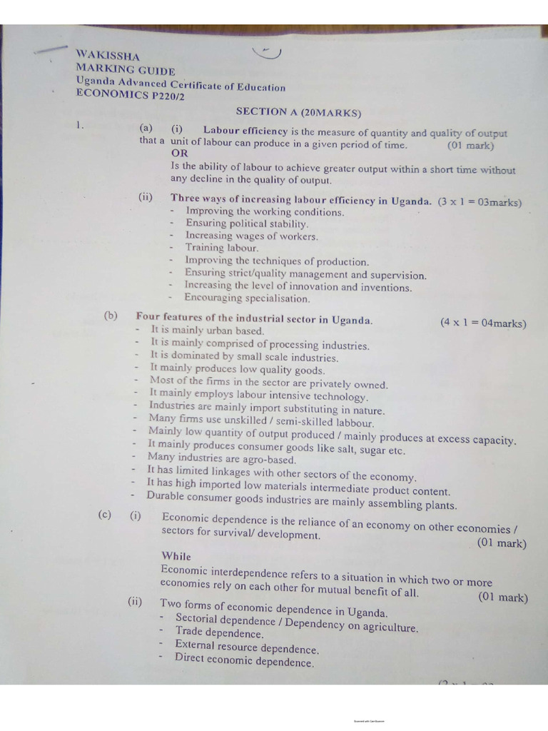 S6.Wakissha Marking Guide UACE Economics Paper 2 | PDF