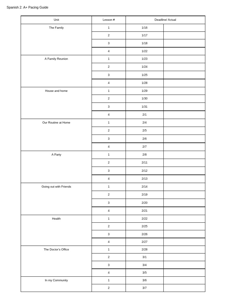 Spanish 2 - A+ Pacing Guide For Students | PDF