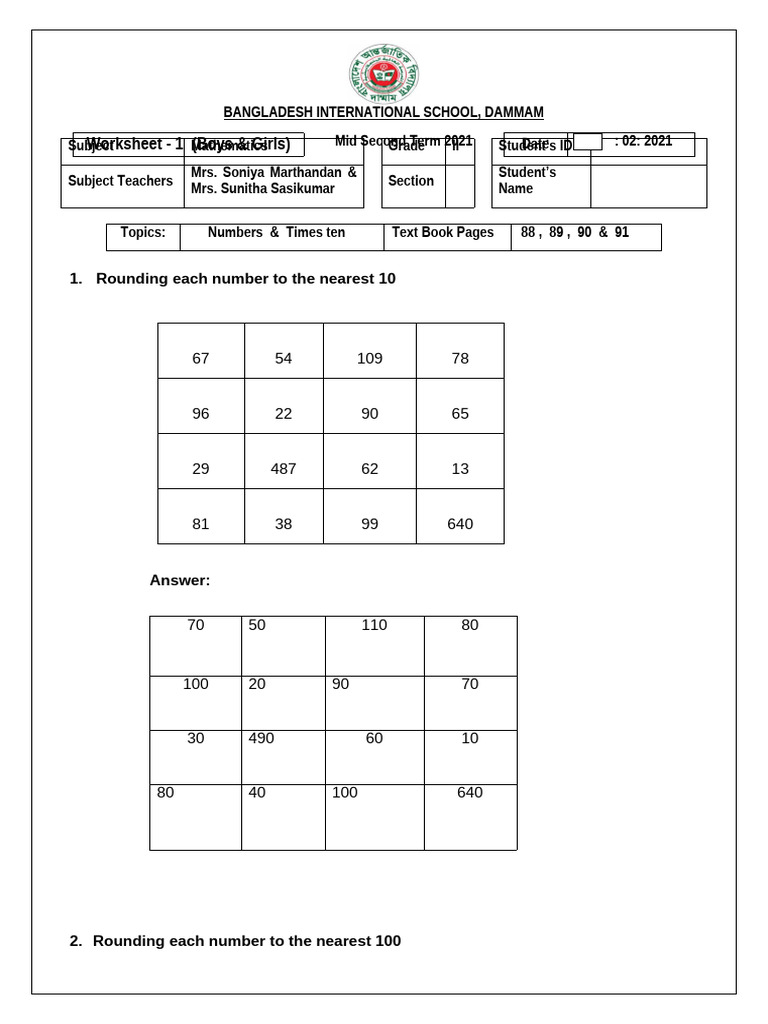 II Maths - Worksheet-1 (Mid Second Term 2021) | PDF | Mathematics ...