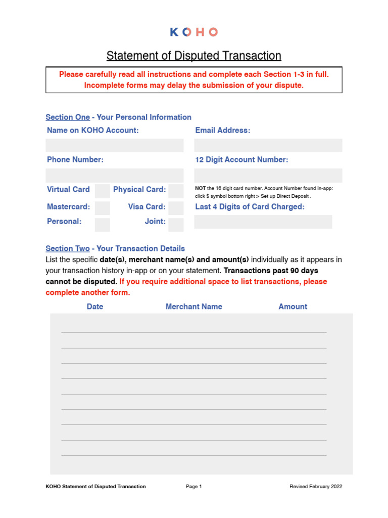 KOHO Statement of Disputed Transactions | PDF