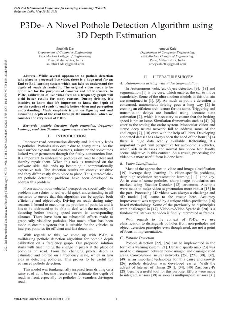 P3De - A Novel Pothole Detection Algorithm Using 3D Depth Estimation | PDF