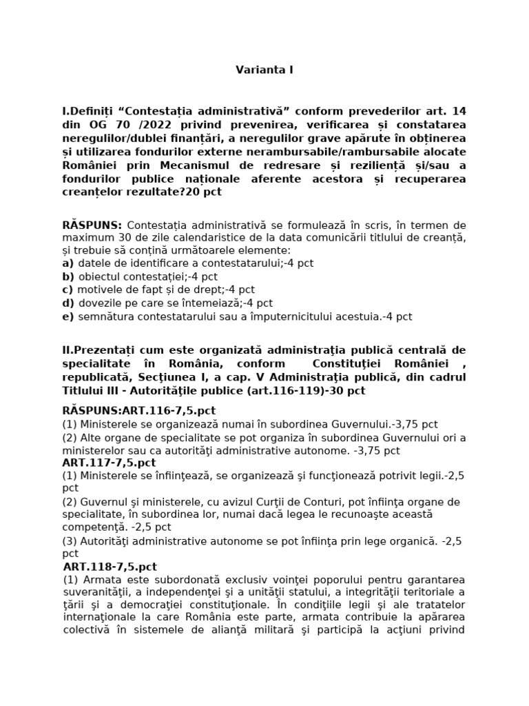 Varianta I-Raspunsuri Si Barem | PDF
