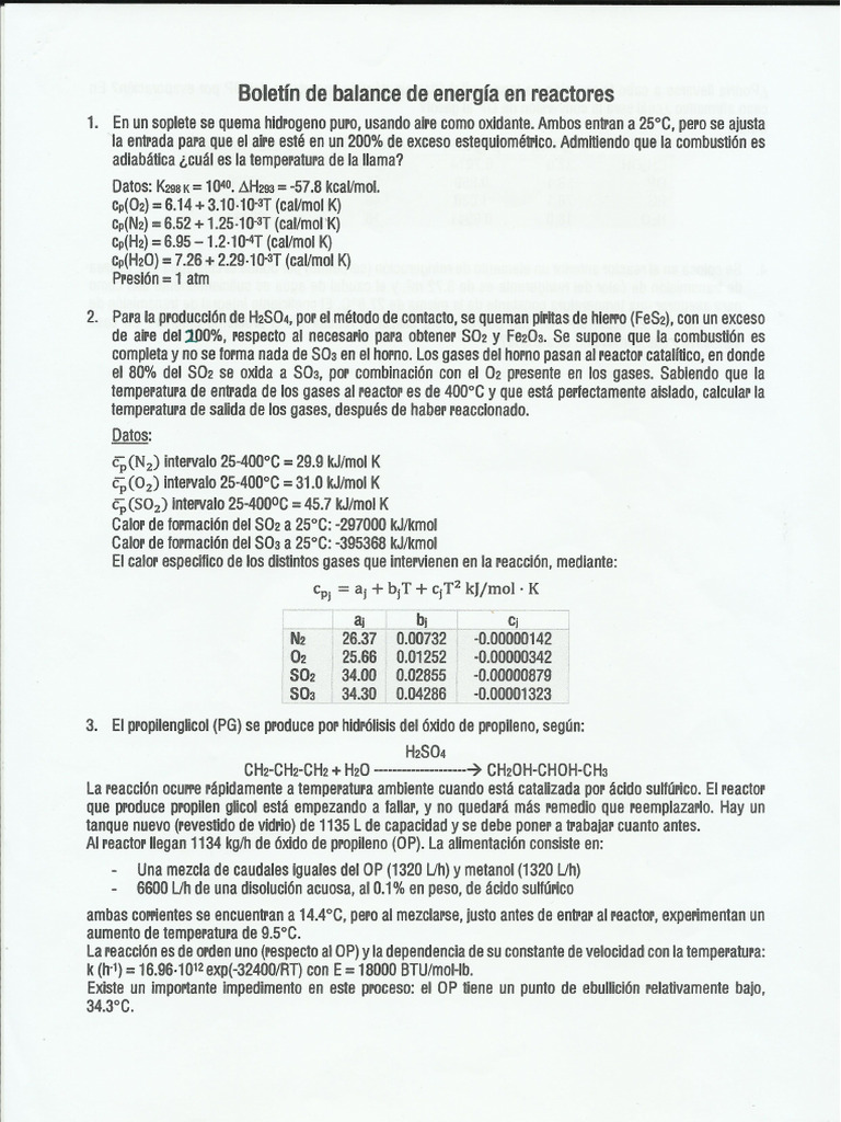 Problemas Balance de Energía en Reactores (I) | PDF