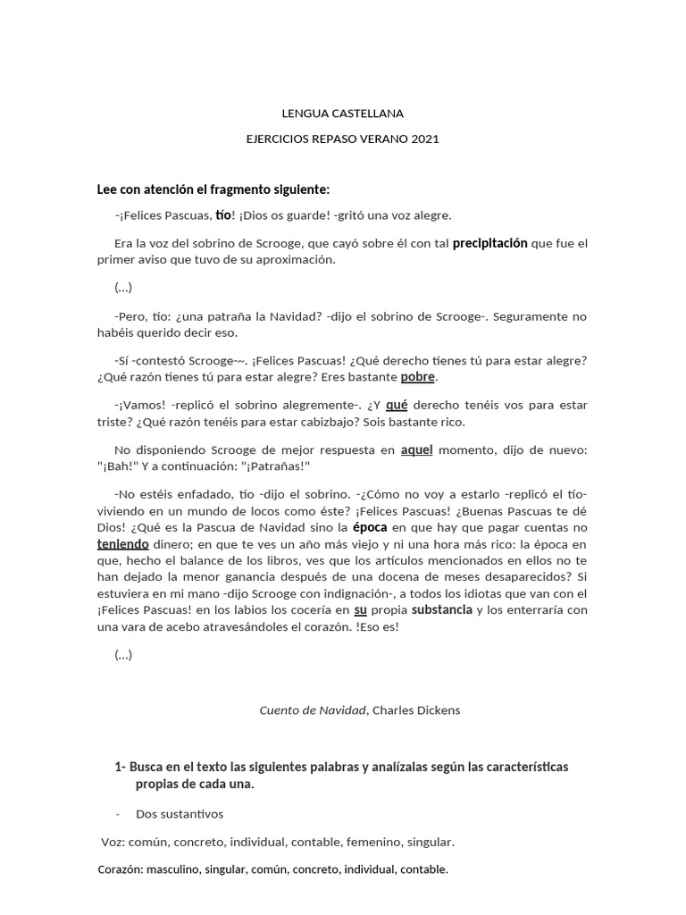 Ejercicios Repaso Verano Lengua Castellana 2021 E2 | PDF