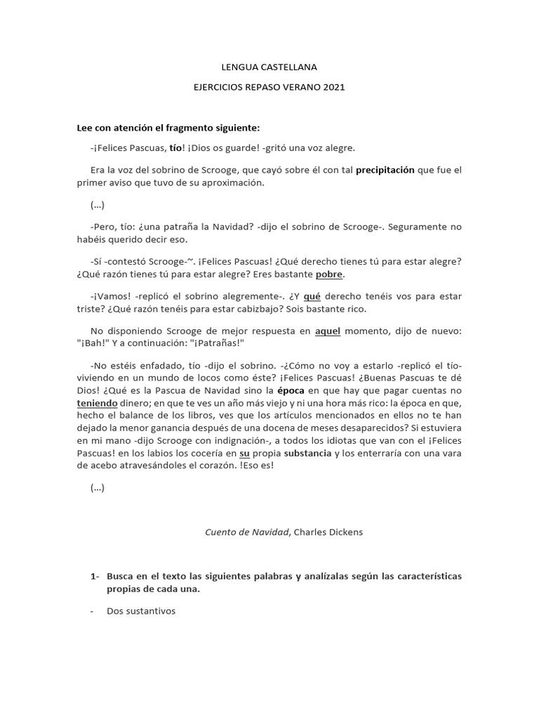 Ejercicios Repaso Verano Lengua Castellana 2021 E2 | PDF