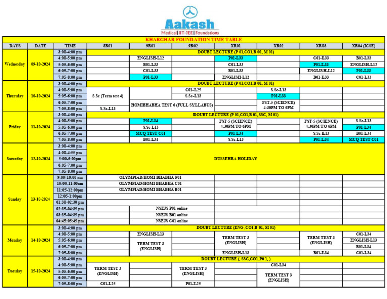 KHARGHAR FOUNDATION - TIME TABLE - 09-10-2024 To 15-10-2024 | PDF