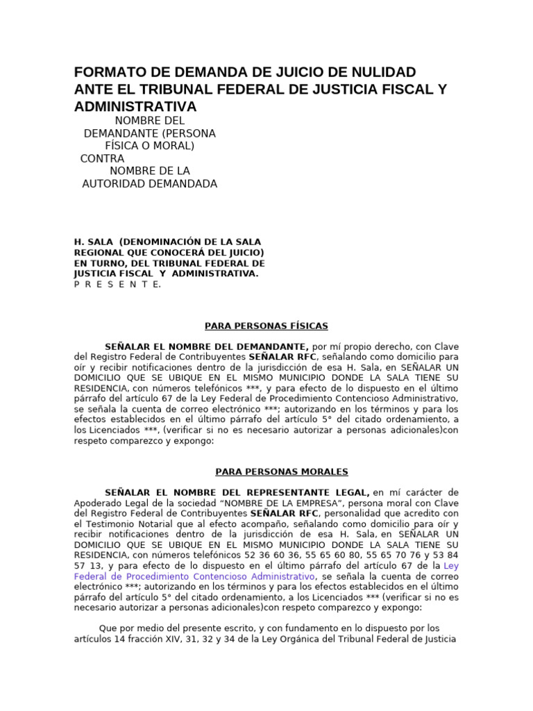 Formato de Demanda de Juicio de Nulidad Ante El Tribunal Federal de Justicia Fiscal y ...