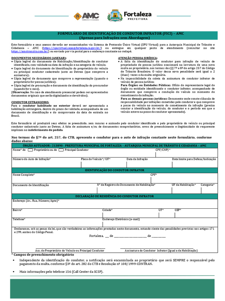 INDICAÇÃO DE CONDUTOR INFRATOR - Modelo, Instruções e Documentos ...