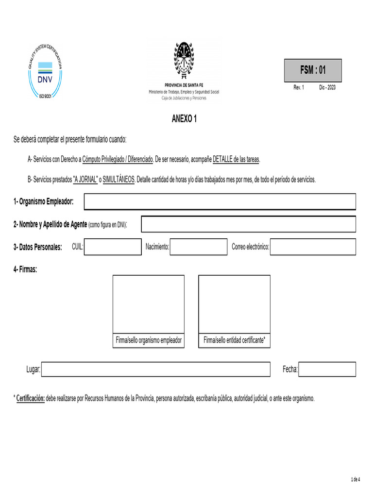 FSM 01 Fojas de Servicios y Montos ANEXO 1 Rev. 1 Dic.23 Form | PDF