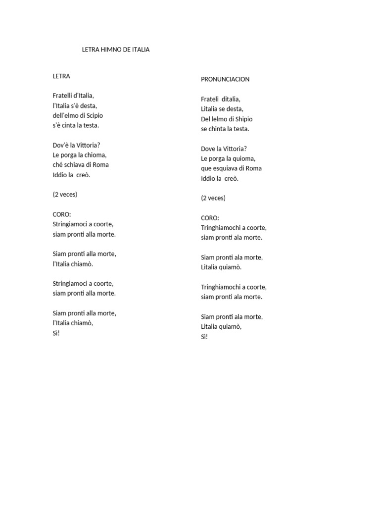 LETRA HIMNO DE ITALIA | PDF