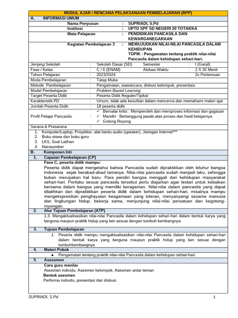 MODUL AJAR PKN KLS 6 1.3.2 P3 | PDF