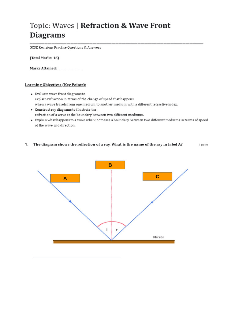 Gcse Igcse Physics Waves Refraction Wave Front Diagrams Pdf