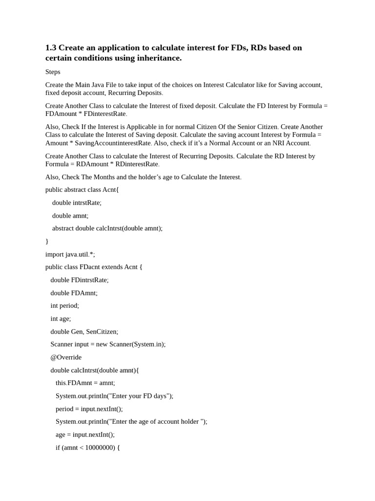 1.3 Create An Application To Calculate Interest For FDS, Rds Based On Certain Conditions Using ...