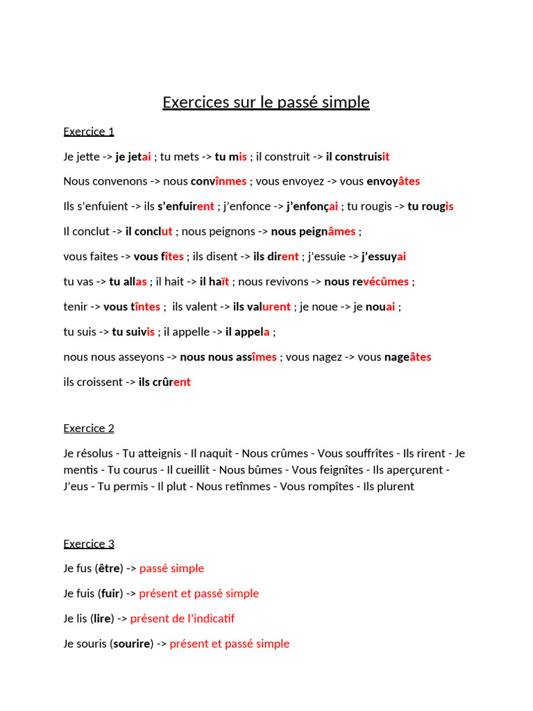 Correction Exercices Sur Le Passé Simple | PDF