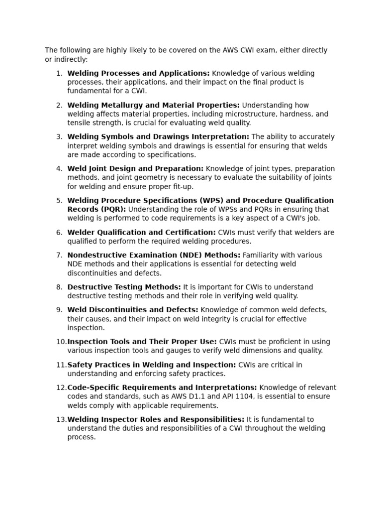 Topics Covered On The AWS CWI Exam | PDF | Nondestructive Testing | Welding