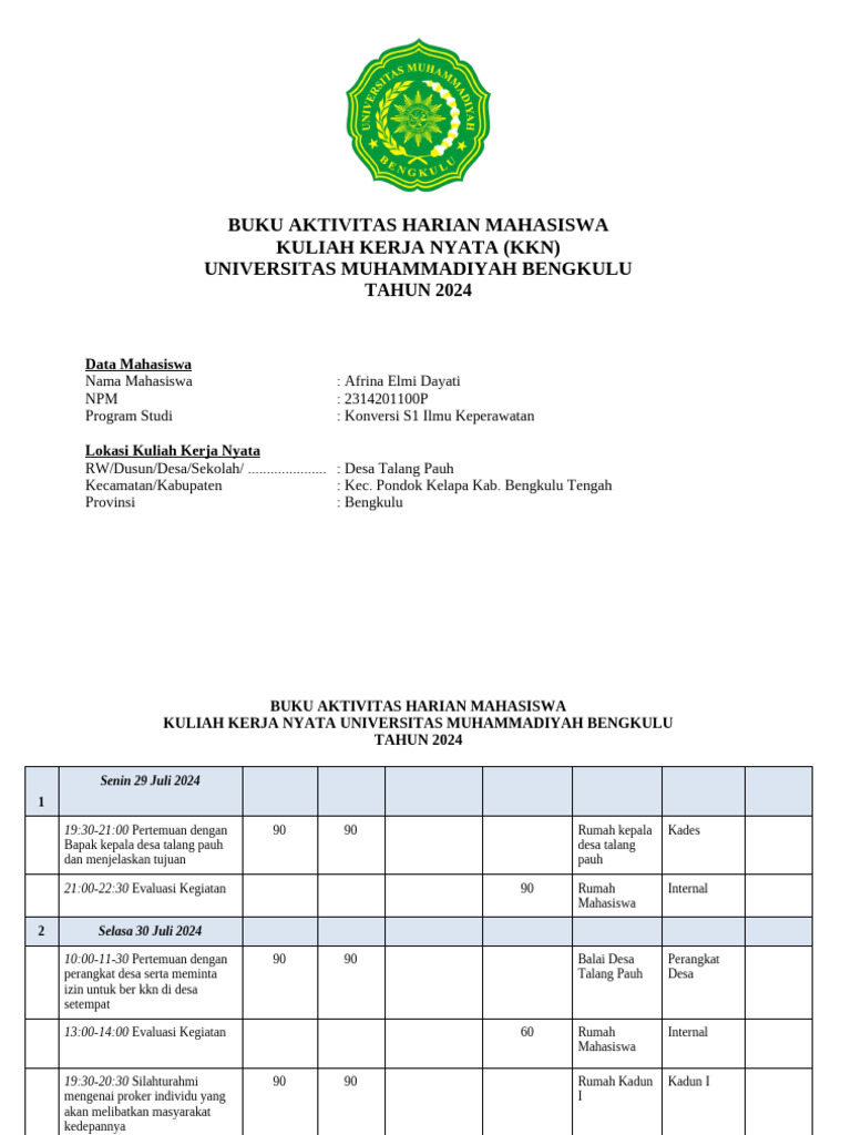 Buku Aktivitas KKN Mahasiswa 2024 | PDF