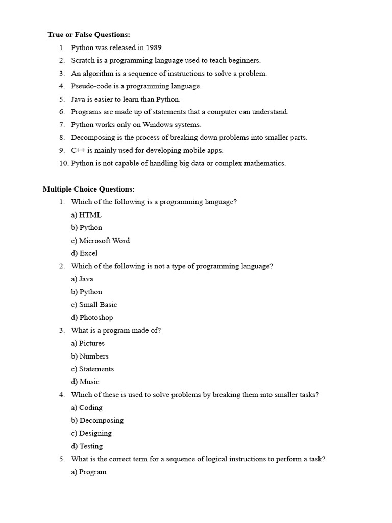 Programming Multiple Choice Practice (For Secondary 3) | PDF