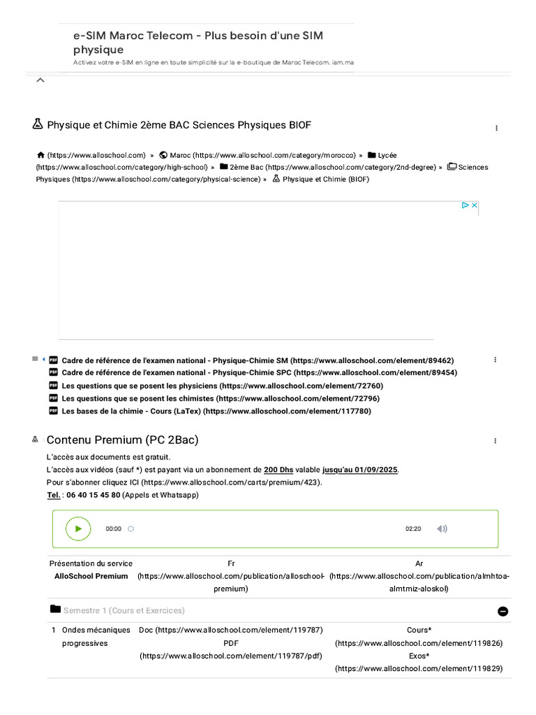 Physique Et Chimie 2ème BAC Sciences Physiques BIOF - AlloSchool | PDF