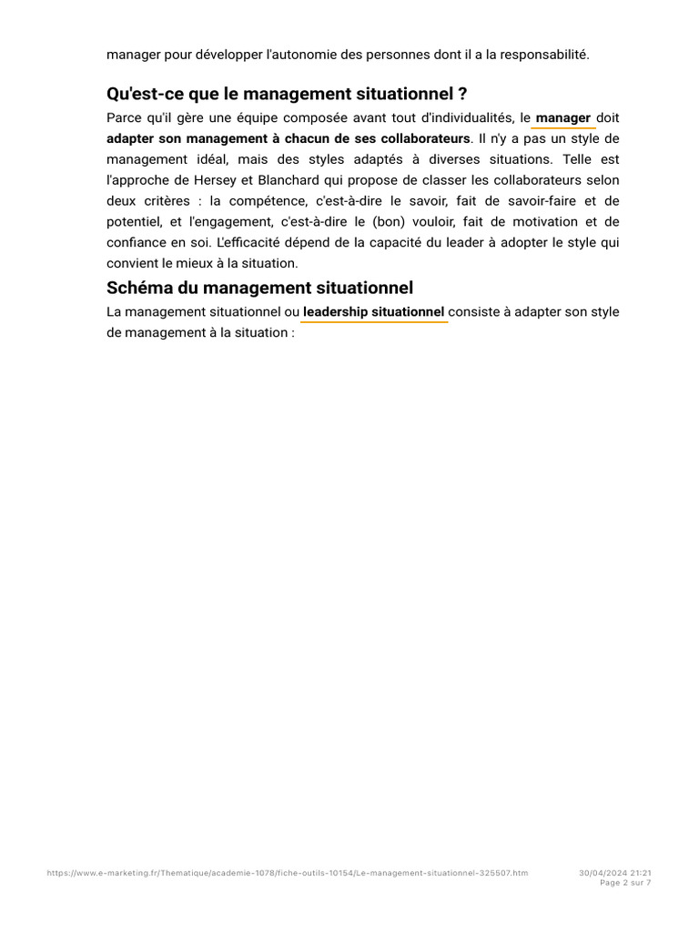 Le Management Situationnel - Définition, Utilisation Et Exemples | PDF