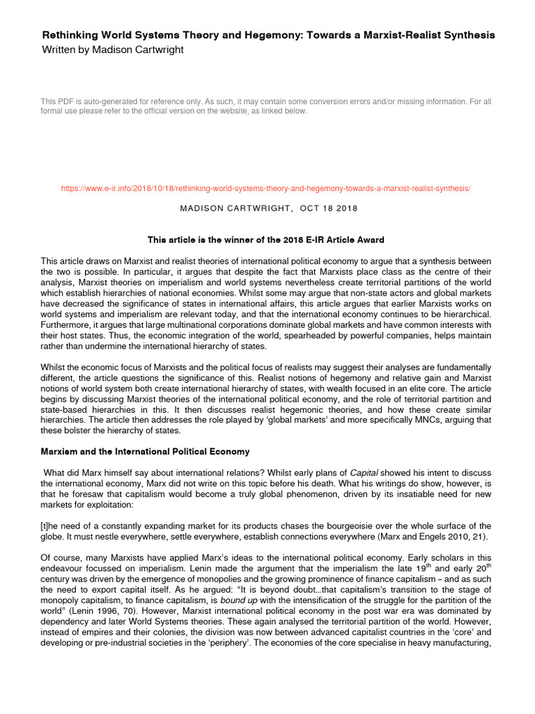 Rethinking World Systems Theory and Hegemony Towards A Marxist Realist Synthesis | PDF