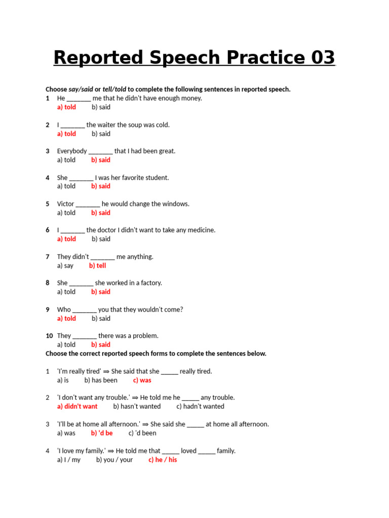 Reported Speech Practice 03 | PDF