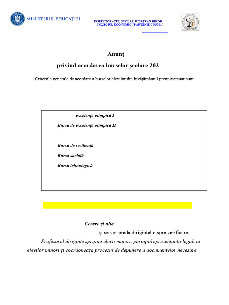2024-2025 Anunț Burse | PDF
