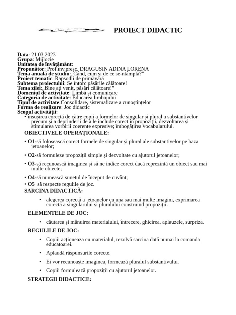 Proiect Didactic DLC Joc Didactic GR Mijlocie | PDF