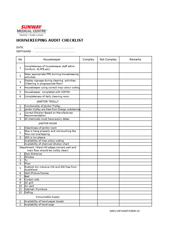 Housekeeping Audit Checklist | PDF | Home & Garden