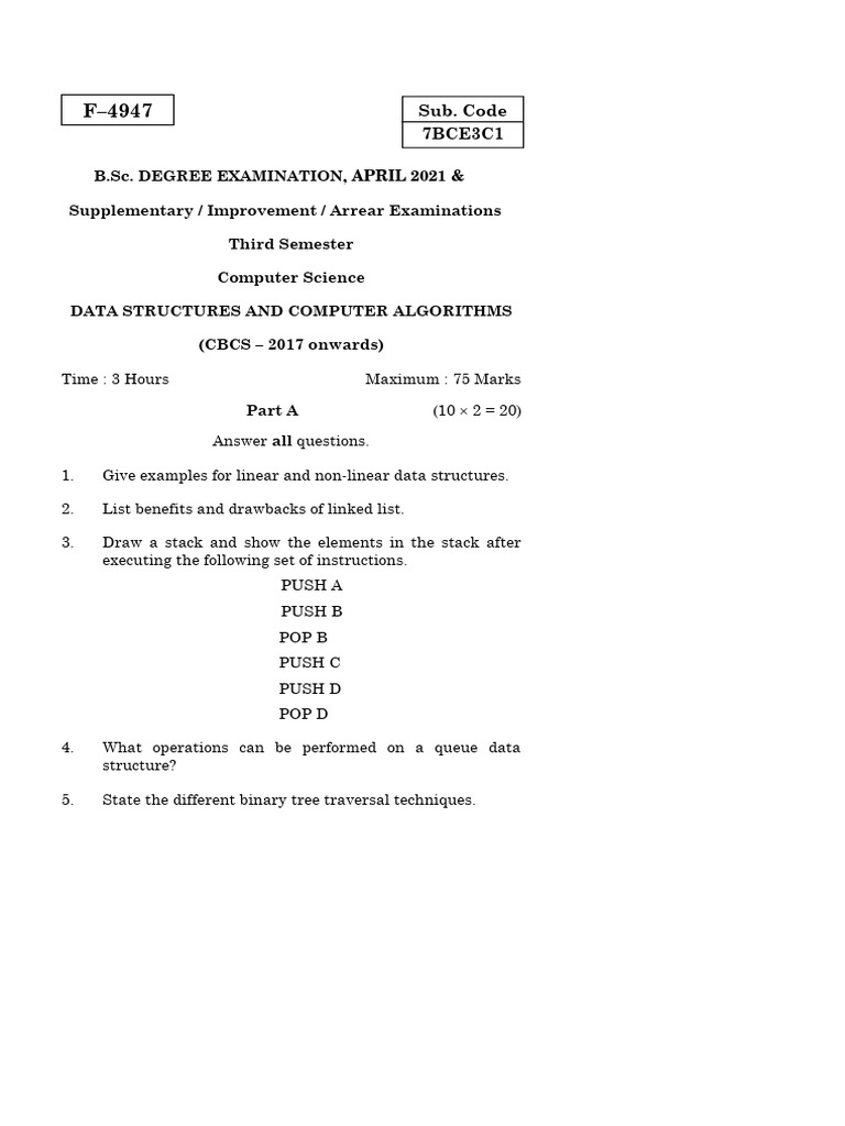 BSC 3 Sem Cs Data Structures and Computer Algorithms F 4947 Apr 2021 | PDF
