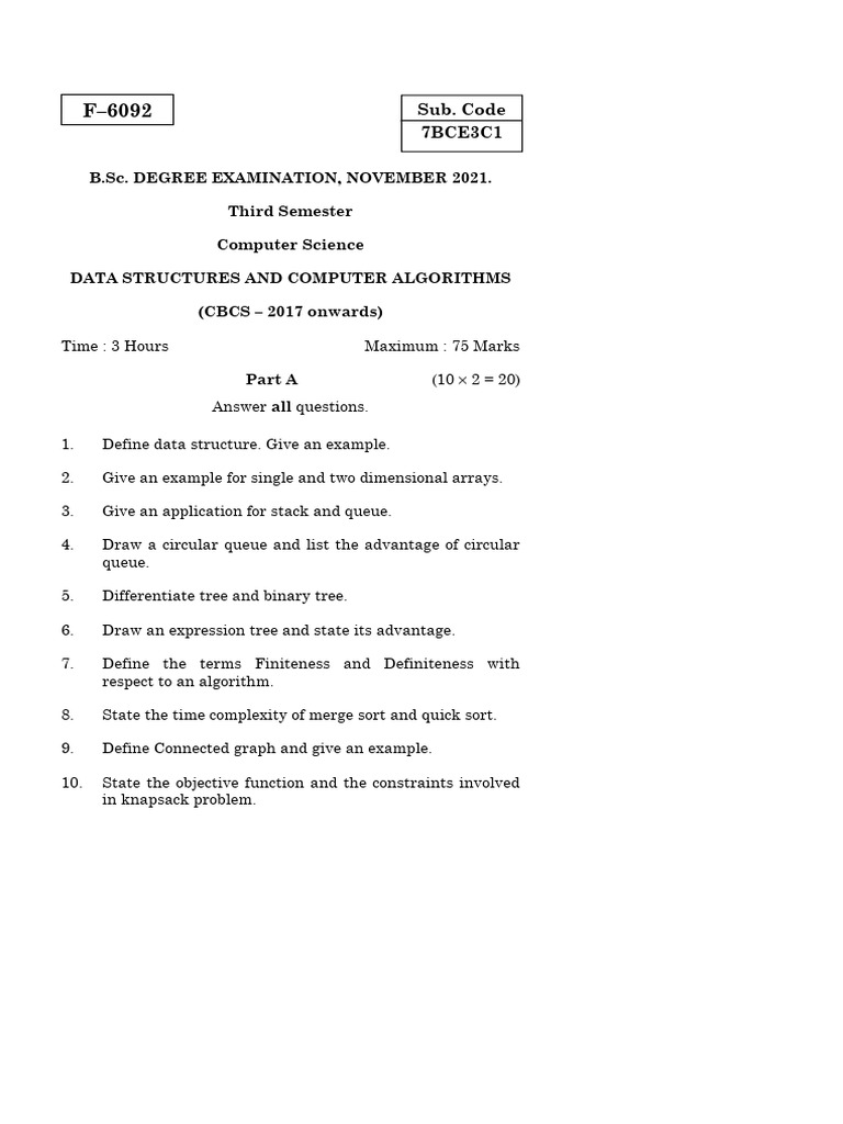 BSC 3 Sem Cs Data Structures and Computer Algorithms F 6092 Nov 2021 | PDF