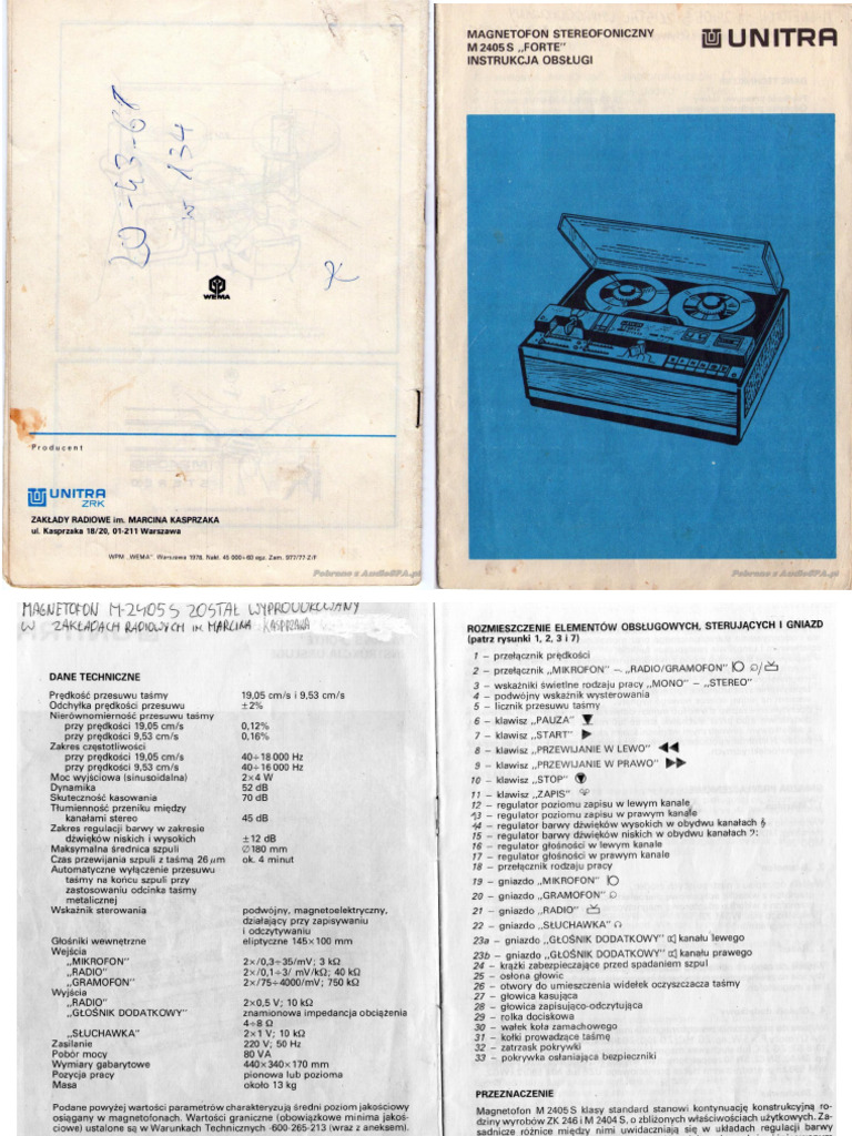 Magnetofon Szpulowy UNITRA ZRK M2405S Forte - Instrukcja Obsługi | PDF