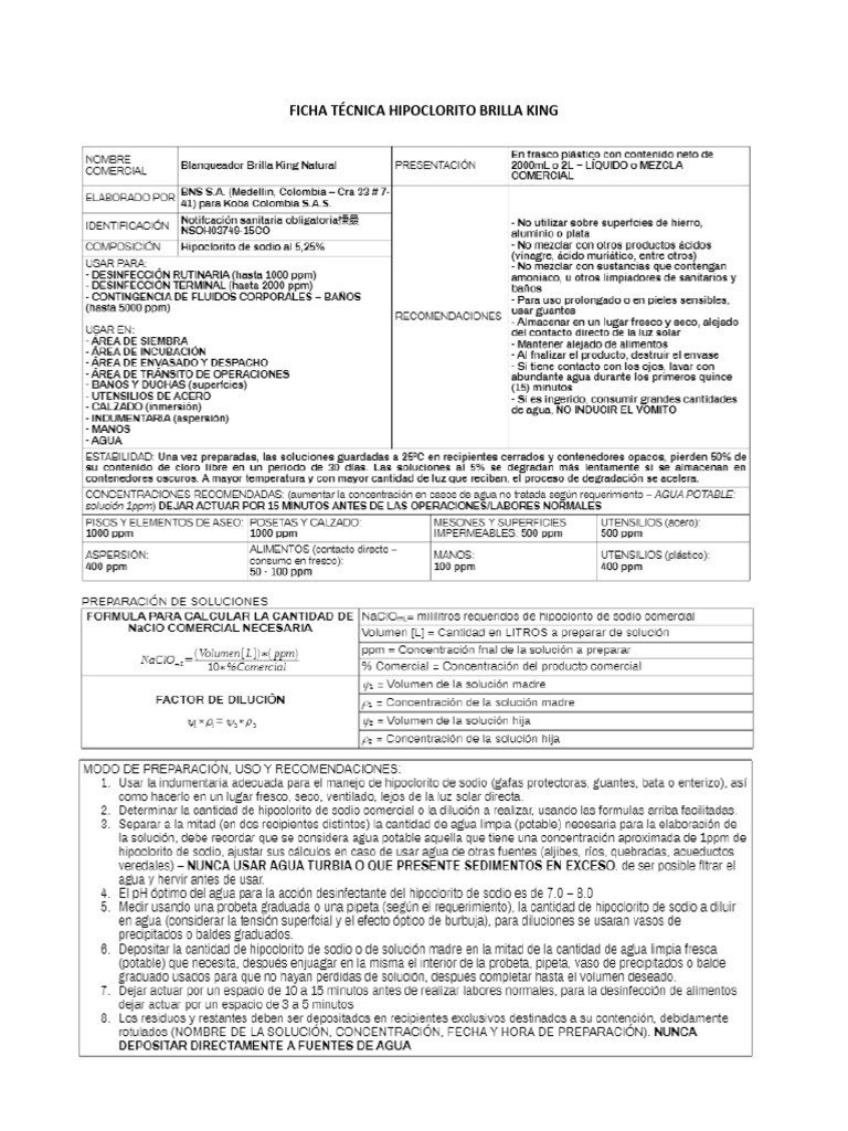 Ficha Técnica Hipoclorito Brilla King | PDF