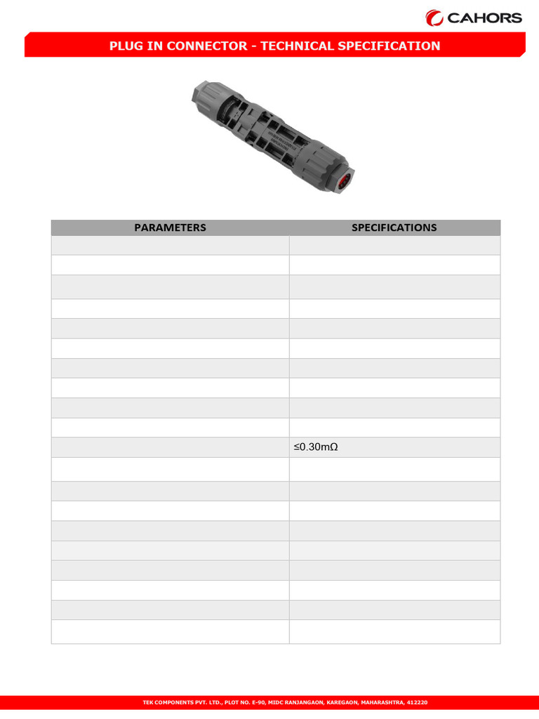 Plug in Connector - Technical Specification | PDF