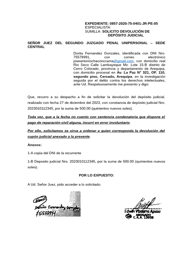 Solicito Devolucion de Deposito Judicial AQP | PDF
