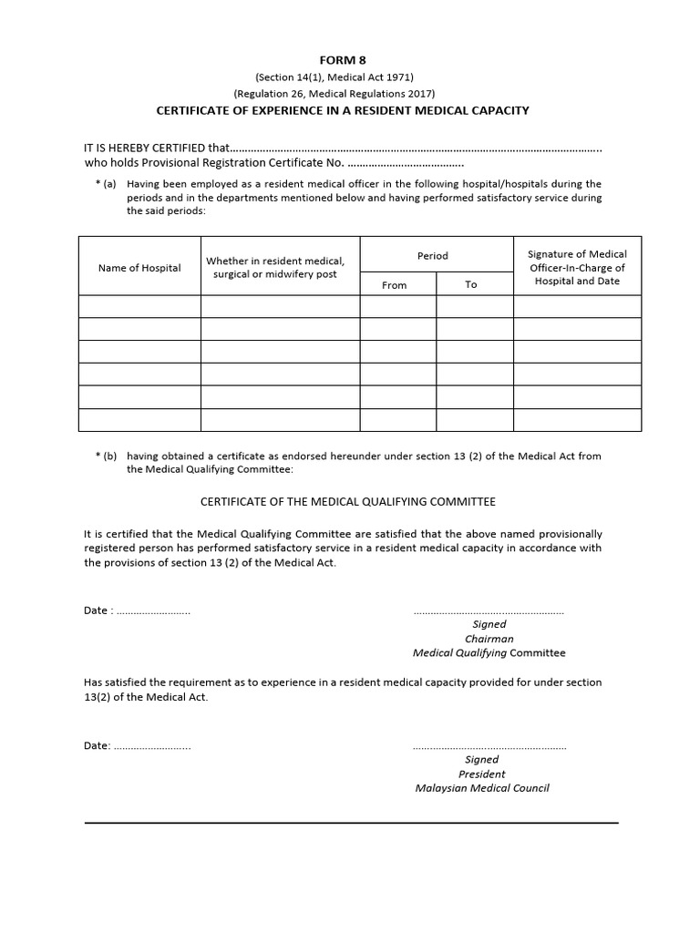 FORM 8 - Certificate of Experience in A Resident Medical Capacity | PDF