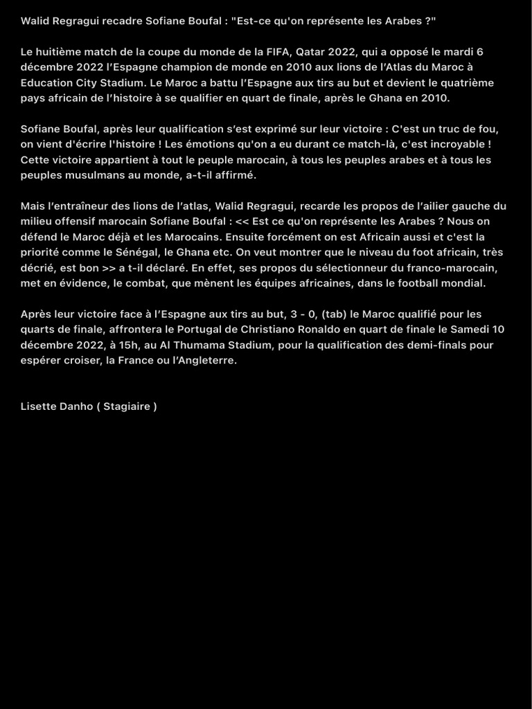 Walid Regragui Recadre Sofiane Boufal Est-Ce Qu'on Représente Les | PDF