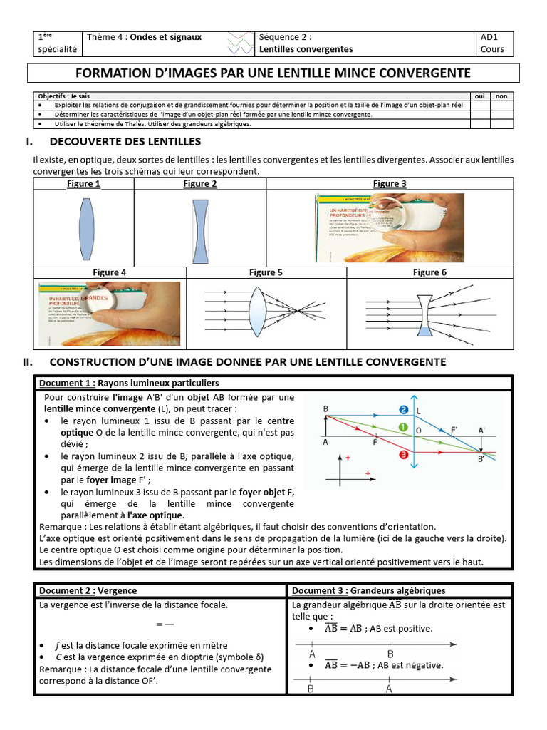 AD1 Cours Image Lentille Convergente Eleve | PDF