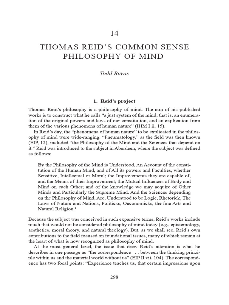 Thomas Reid's Common Sense Philosophy of Mind Todd Buras | PDF