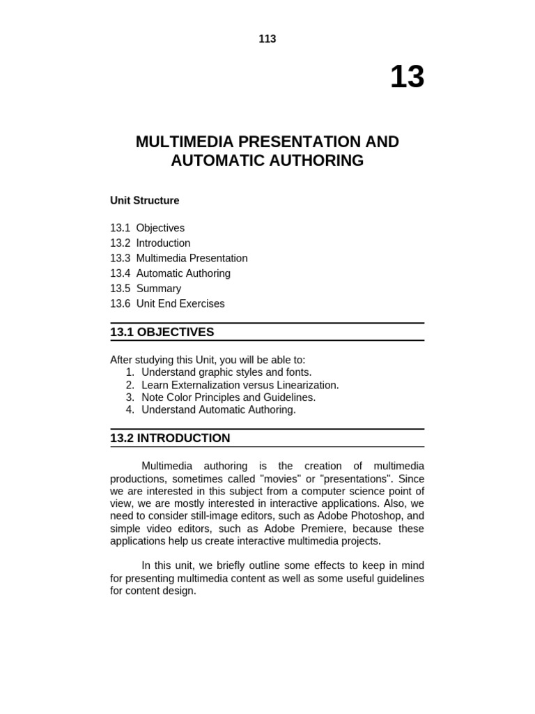 Multimedia Presentation and Automatic Authoring: 13.1 Objectives | PDF