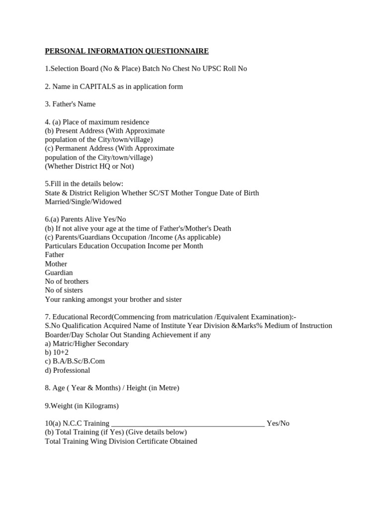 Personal Information Questionnaire at Issb | PDF