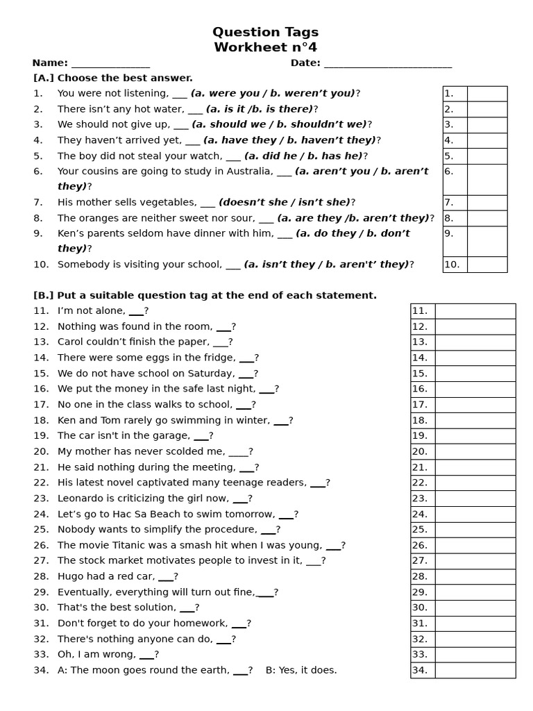 Question Tags Worksheet | PDF