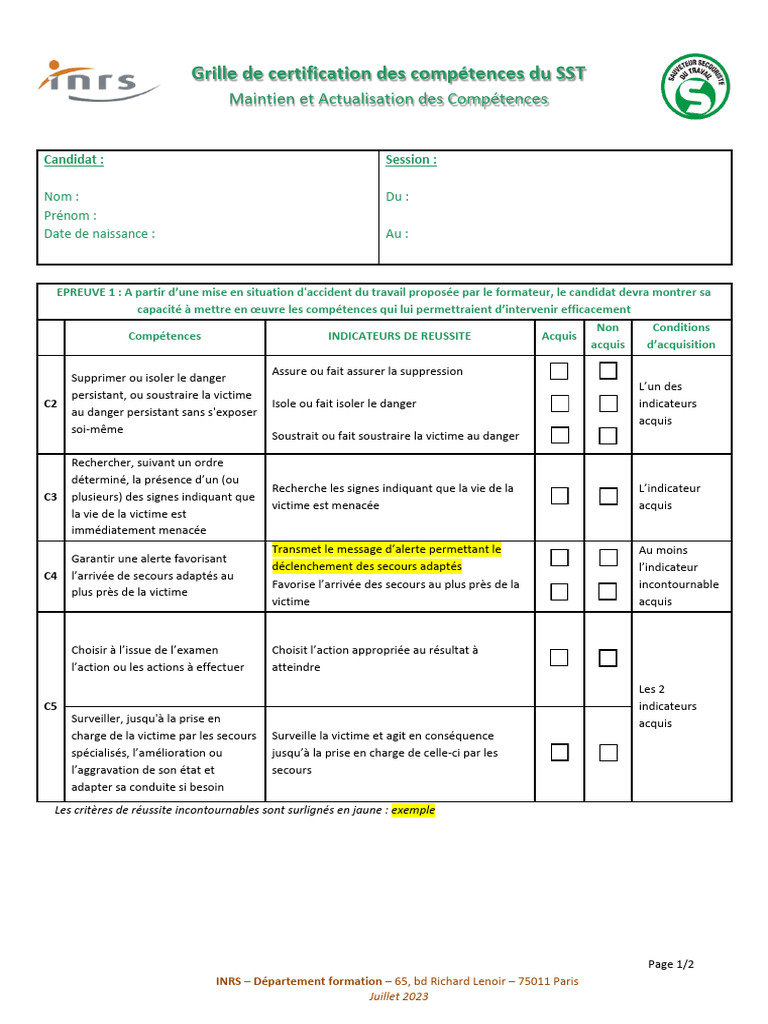 Grille de Certification Des Compétences Du SST - MAC - Juillet - 2023 | PDF