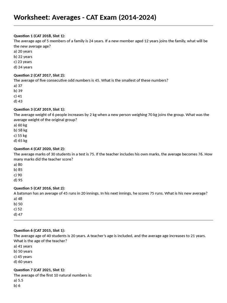 Average Worksheet CAT EXAMINATION | PDF